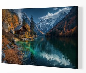 Obraz na plátně - Podzimní ráno v chatce u jezera FeelHappy.cz Velikost obrazu: 120 x 80 cm