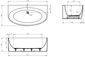 Mexen Paola, volně stojící vana ke stěně 170 x 88 cm, bílá lesklá, 52731708800-SS