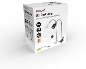 Solight LED stolní lampička, 2.5W, 3000K, clip, bílá barva