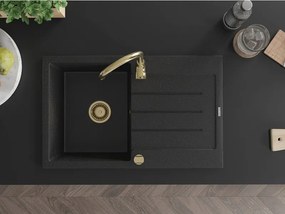 Mexen Bruno, dřez granitový 795x495x200 mm, 1-komorový, černá-stříbrná metalíza se zlatým sifonem, 6513791010-73-G