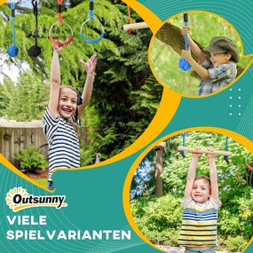 Outsunny Ninja Slackline Set 30 kusů, 10m lano s překážkami, lezecký rám, venkovní trénink lezení, herní vybavení pro děti 3-6 let, gymnastické kruhy…