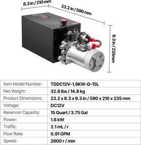 Hydraulický agregát 15 l, Maximální přetlak 22 MPa a průtok 3,4 l/min VEVOR