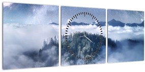 Obraz lesa v mlze (s hodinami) (90x30 cm)
