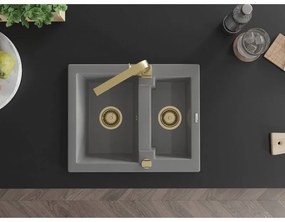 Mexen Carlos, 1,5-komorový granitový dřez s odkapávačem 582x475x177 mm a zlatá kuchyňská baterie Rita, šedá, 6518-71-670300-50