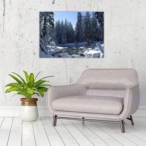 Skleněný obraz zasněženého lesa (70x50 cm)