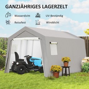 Outsunny Přístřešek na vybavení se šikmou střechou vodotěsný Stan na vybavení s dveřmi, okna 300x447x255 cm, světle šedý