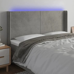 Čelo Postele S Led Modré Samet Světle šedá 203 x 16 x 118/128 cm