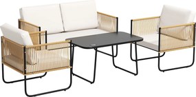 Outsunny Zahradní Souprava pro 4 Osoby, Balkonová Ratanová Lounge se 2-místnou Pohovkou, Křesly, Skleněným Kávovým Stolkem, Odnímatelnými Polstrování…