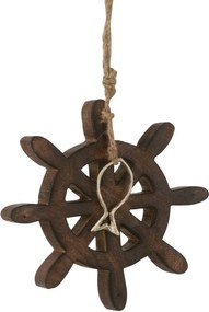 Dřevěná dekorace hnědé kormidlo s rybkou Helm Fish - Ø 15*2,5 cm