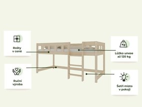 Benlemi Nízká vyvýšená postel PLOTTY s žebříkem 90x200 cm Zvolte barvu: Transparentní vosková lazura matná, Zvolte stranu: Vlevo