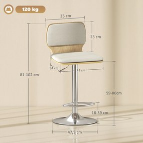 HOMCOM sada 2 otočných barových stoliček 360°, výškově nastavitelné 81–102 cm, potah v lněném vzhledu, béžové