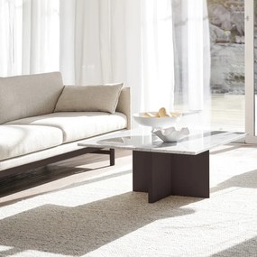 Bílý mramorový konferenční stolek ROWICO BROOKSVILLE 90 x 90 cm s hnědou podnoží