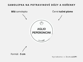 AGLIO PEPERONCINI - omyvatelná samolepka na kořenky, výběr rozměrů Ø 5 cm / 5 x 5 cm / 6 x 8 cm | DomaLEP tvar: KOLEČKO, barva: BÍLÁ - ČERNÉ písmo, velikost: Ø 5 cm - tučné písmo