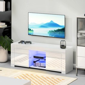 HOMCOM TV skříňka s LED osvětlením, 2 dveře skříně, skleněná police, otvory pro kabely, do obývacího pokoje, dřevotříska, bílá