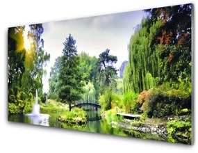 akrylový obraz Les Vodopád Slunce Příroda 125x50 cm