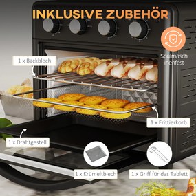 HOMCOM Mini trouba s konvekcí, 90°C-230°C, 30l, Mini trouba s pečicím plechem, grilovací rošt, plech na drobky, horkovzdušná fritéza se 7 režimy, fri…
