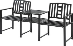 Outsunny Moderní zahradní lavice pro 2 osoby s stolem a otvorem na slunečník, venkovní nábytek 165x56x85,5cm Černá | Aosom