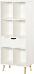 HOMCOM Knihovna s 1 Zásuvkou a Dřevěnými Nohami, 6 Otevřených Úložných Kompartmentů pro Knihy, Rostliny a Dokumenty, 50x29,5x120 cm Bílá | Aosom