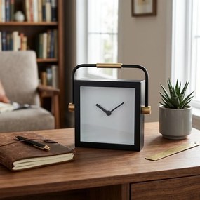 Designové černé hranaté stolní hodiny s kovovým madlem - 19*5*19 cm / 1*AA
