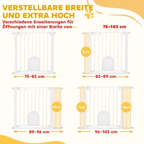 PawHut Psí Bezpečnostní Brána 75-103 cm na Schody a Dveře s 2 Přídavnými Dílci, Automatické Zámek a Dvojitý Zámkový Systém Bílá