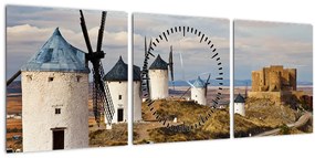 Obraz - Větrné mlýny Consuegra, Španělsko (s hodinami) (90x30 cm)