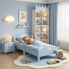 AIYAPLAY Montessori dětská postel 3-6 let, 146x76,5 cm, boční zábrany proti pádu, tvar obláčku pro dětský pokoj, modrá