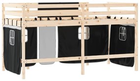 Dětská patrová postel se závěsy bílá a černá 90x190 cm borovice