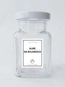 Samolepka na kořenky KUŘE NA BYLINKÁCH bílá 3 × 4 cm tučné písmo