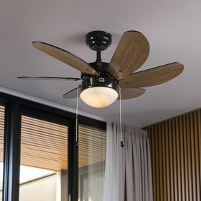 Stropní ventilátor černý s potiskem dřeva 80 cm s tahovým spínačem - Fresh