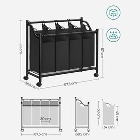 Prádelní koš na kolečkách 4 x 35l, se 4 vyjímatelnými taškami, černá