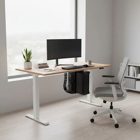 Výškově nastavitelný stůl OfficeTech A, 140 x 80 cm, bílá podnož, buk