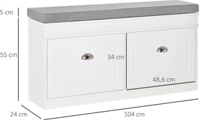 HOMCOM Botníková lavička pro 8 párů bot s 2 šuplíky, nastavitelnými policemi a polstrovaným sedákem do předsíně 104x24x55 cm Bílá