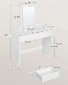 VASAGLE Toaletní stolek s LED osvětlením bílý 100 x 145 x 40 cm