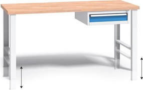 Výškově nastavitelný pracovní stůl do dílny G3 se závěsným boxem na nářadí, buková spárovka, 1 zásuvka, 1500 x 685 x 840 - 1050 mm, modrá
