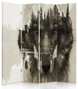 Ozdobný paraván Vlk Lesní zvířata Příroda - 145x170 cm, čtyřdílný, obustranný paraván 360°