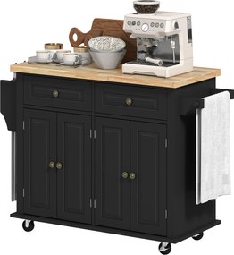HOMCOM Kuchyňský ostrůvek na kolečkách s 2 šuplíky a 4 dvířky, regál na koření, 111x44,5x82,5 cm Černý | Aosom