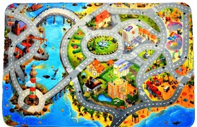 Vopi | Dětský koberec Ultra Soft Město s pláží - 70 x 95 cm, zelenomodrý (88011)