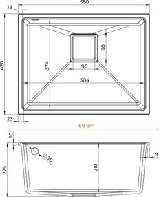 Sink Quality Argon 60, kuchyňský granitový dřez 550x420x225 mm + chromový sifon, černá, SKQ-ARG.C.1KBO.60.X