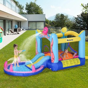 Outsunny samonafukovací skákací hrad včetně fukaru, záplat, 1 trampolíny, 1 vodního bazénu, 1 skluzavky, 360 x 175 x 180 cm