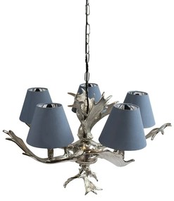 Stříbrný lustr s parožím a 5ti modrými stínidly Antlers - 57,1*57,1*38,1cm