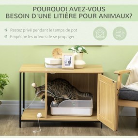 PawHut Kočka Toaletní Dům Kabinet pro Kočičí WC Průmyslový Styl Boční Vstup s Visící Kuličkou Ocelová Konstrukce Světlý Vzhled Dřeva | Aosom