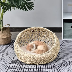 PawHut ratanový pelíšek pro kočky Pohodlná jeskyně pro kočky s polštářem Koš pro kočky a pelíšek pro psy Béžová Ø56x35cm pro kočky a malé psy | Aosom…
