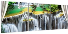 Obraz - Výhled na kouzelné vodopády (s hodinami) (90x30 cm)