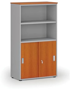 Kombinovaná kancelářská skříň PRIMO GRAY, zasouvací dveře na 2 patra, 1434 x 800 x 420 mm, šedá/třešeň