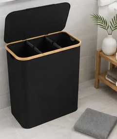 koš na prádlo, objem 145 l, s víkem, pano/bambus, 78x64x43 cm, černá/přírodní, Dekorino KP20260009