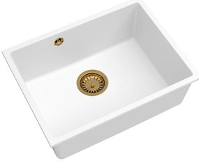 Sink Quality Crypton 60, kuchyňský granitový dřez 535x400x205 mm + zlatý sifon, bílá, SKQ-CRY.W.1KBO.60.XG
