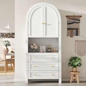 Aosom Vysoká oblouková úložná skříň s 3 zásuvkami, dveřmi a otevřeným výstavním prostorem, pro kuchyň a obývací pokoj, 70 x 35 x 180 cm, bílá