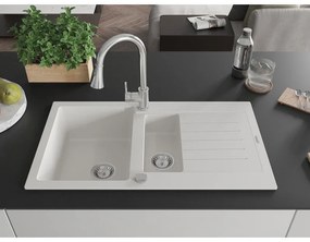 Mexen Matias, 1,5-komorový granitový dřez 900x505x200 mm a dřezová baterie Elia, bílá, 6502-20-670101-00