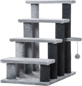 PawHut Kočičí Schody 4-krokové S Škrabadlem, Hračkou a Psy pro Kočky do 5 kg, Plyš a Jutová Šedá 60 x 40 x 64 cm | Aosom