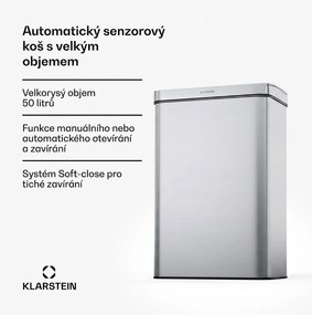 Klarstein Touchless, senzorový odpadkový koš, 50 l, z nerezavějící oceli, Soft-Close zavírání, napájen baterií, LED displej, časovač